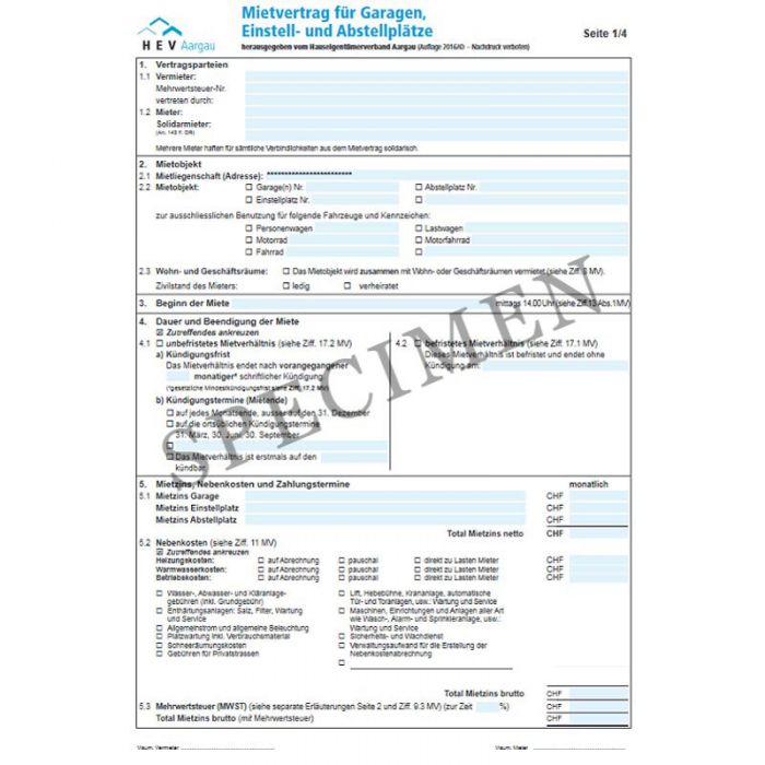 Mietvertrag für Garagen, Einstell- und Abstellplätze (Kanton Aargau)